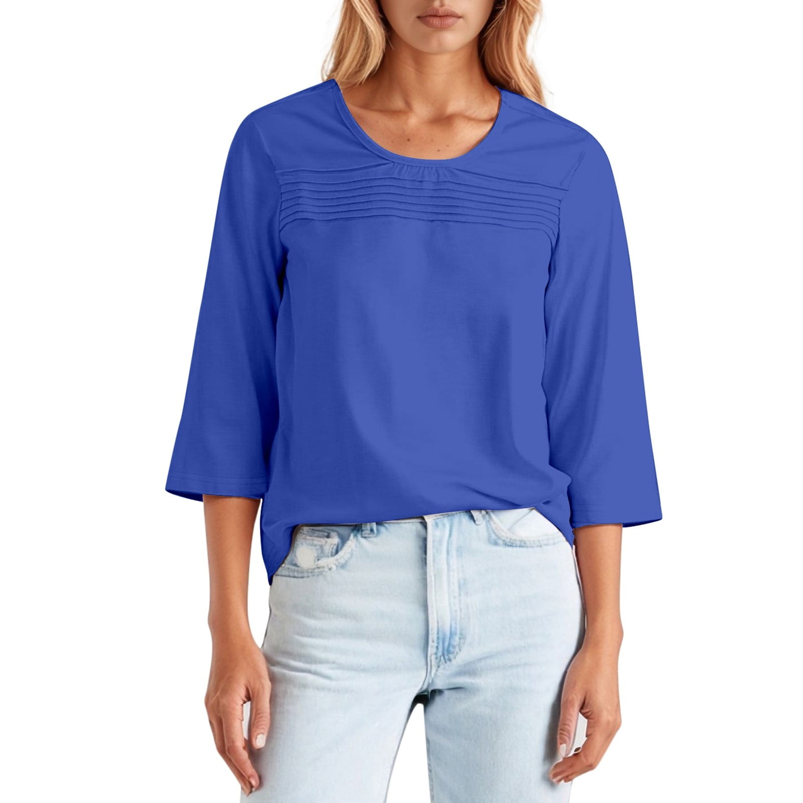 Round Neck 3/4 Sleeve Pleated Front Line T Shirt Woman S Tee Shirt Swim ...
