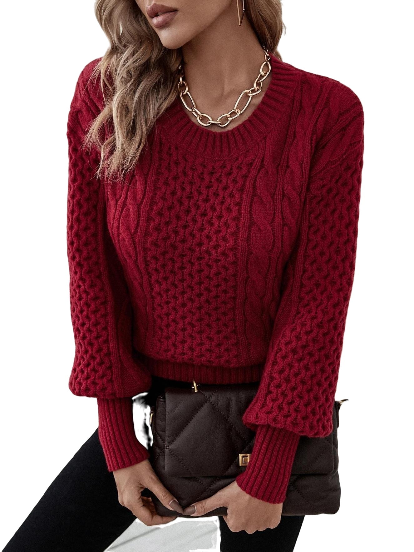 Round Neck Pullovers Long Sleeve Burgundy Womens Casual Plain Womens