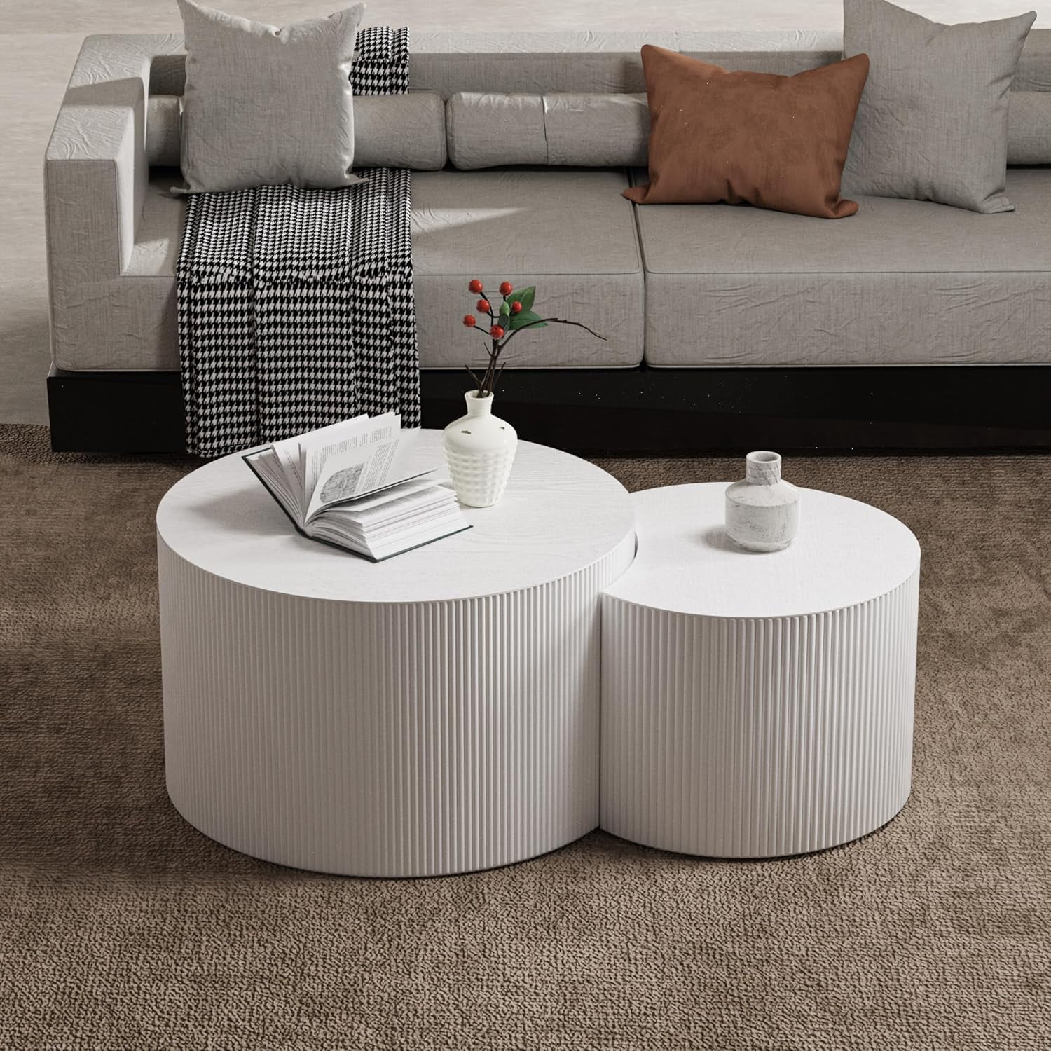 Round Nesting Coffee Table,Modern Fluted Coffee Tables Set of 2, Circle ...