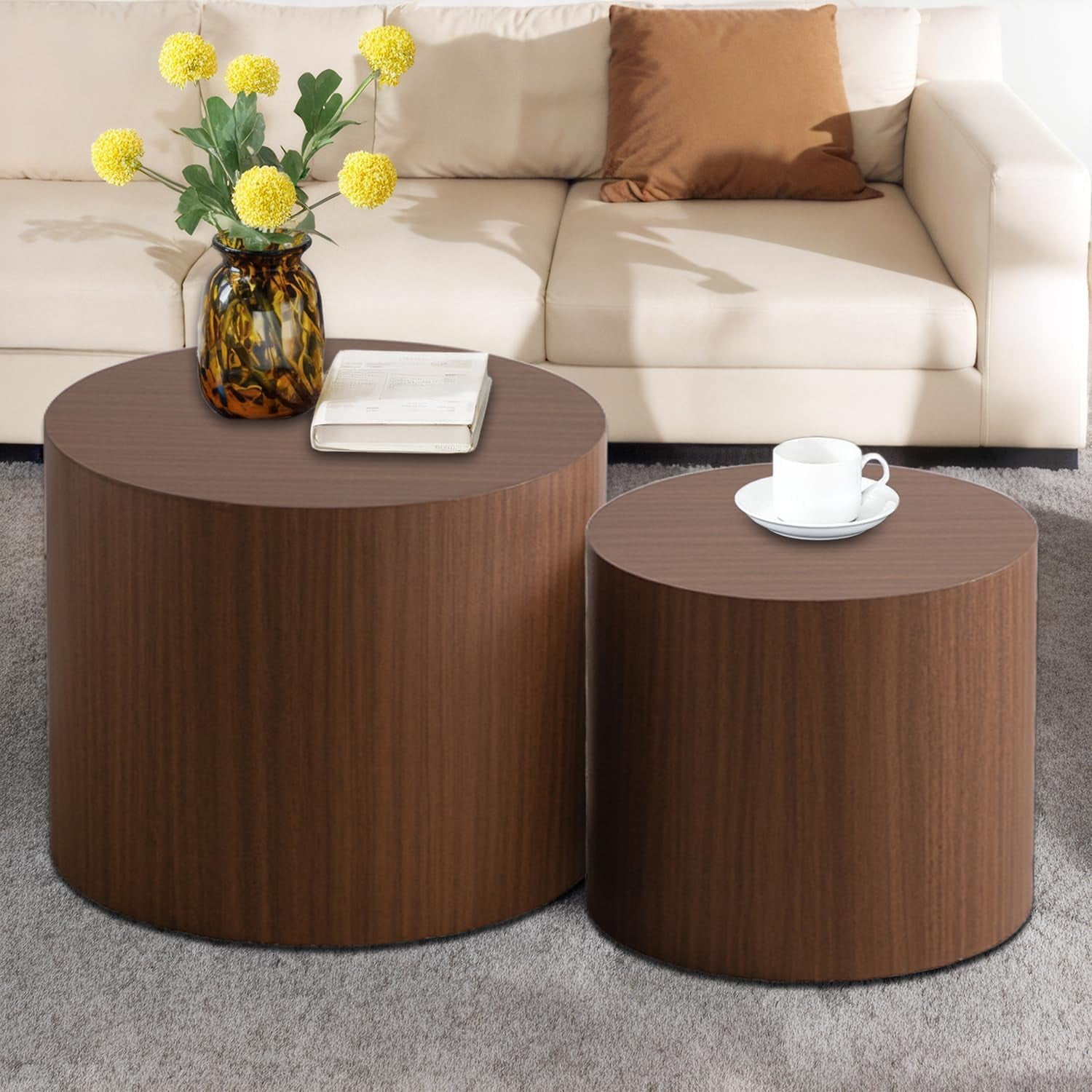 Round Nesting Coffee Table Modern Fluted Coffee Tables Set of 2 Wood ...