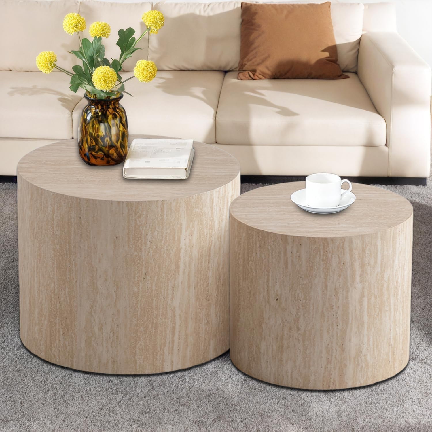 Round Nesting Coffee Table Modern Fluted Coffee Tables Set of 2 Wood ...