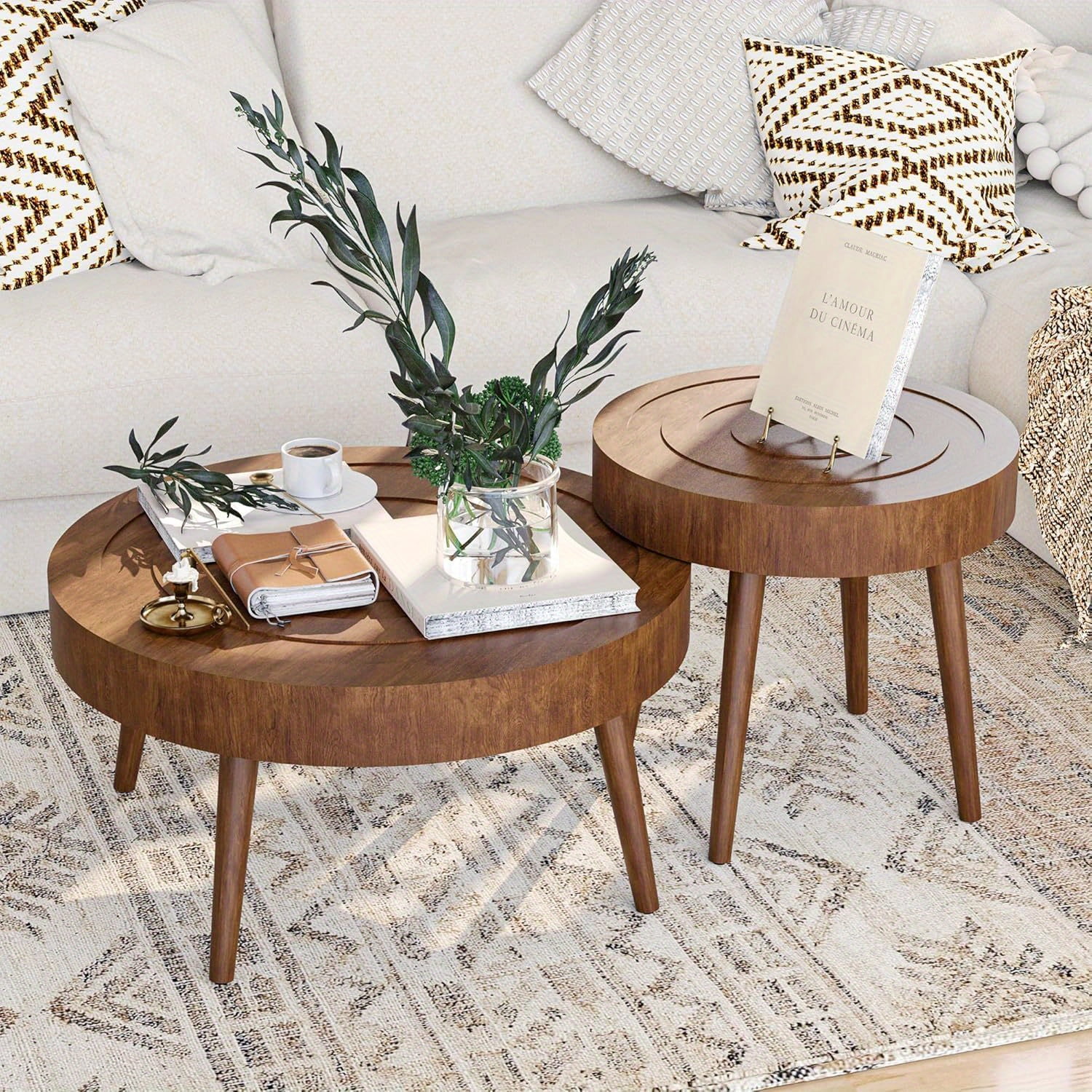 Round Nesting Coffee Table Set of 2, Concentric Circle Design with 31.5 ...