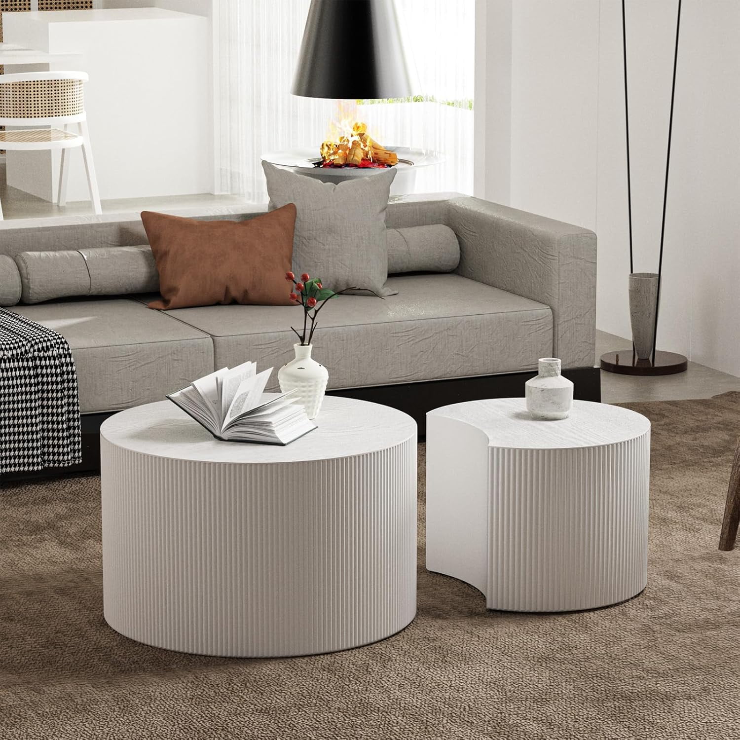Round Nesting Coffee Table Set of 2 Handcraft Circle Fluted Nesting ...