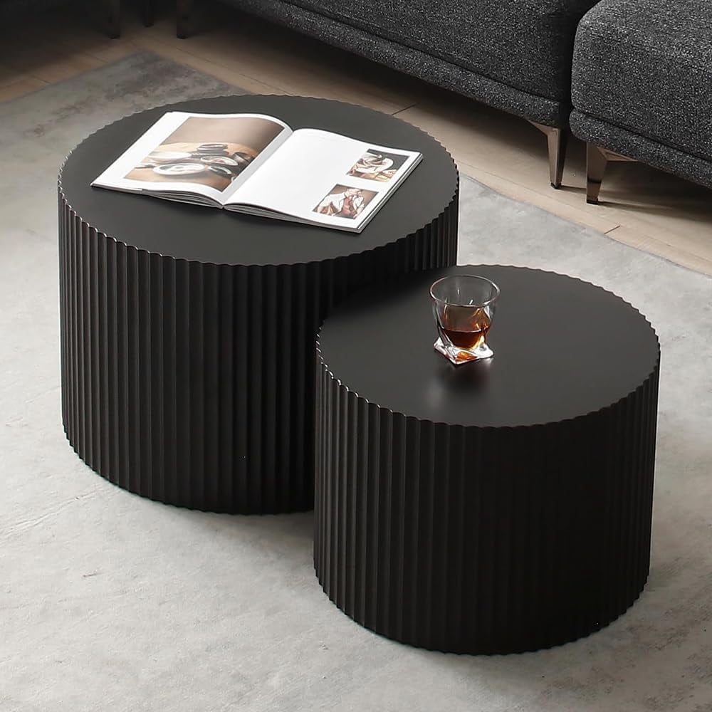 Round Nesting Coffee Table Set of 2 Modern Black Fluted Coffee Table ...