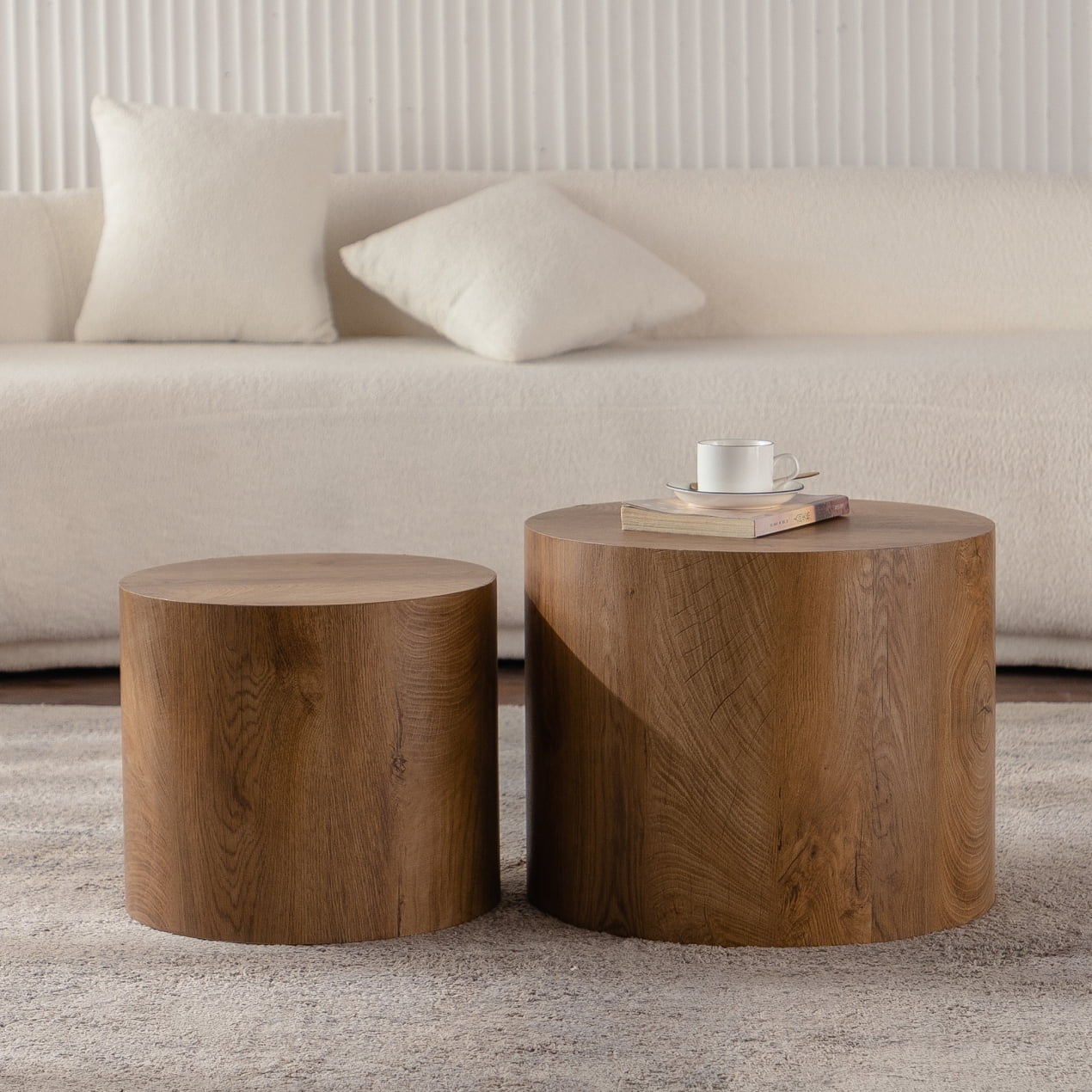 Round Nesting Coffee Table Set of 2, Wooden Tea Tables with Wood ...
