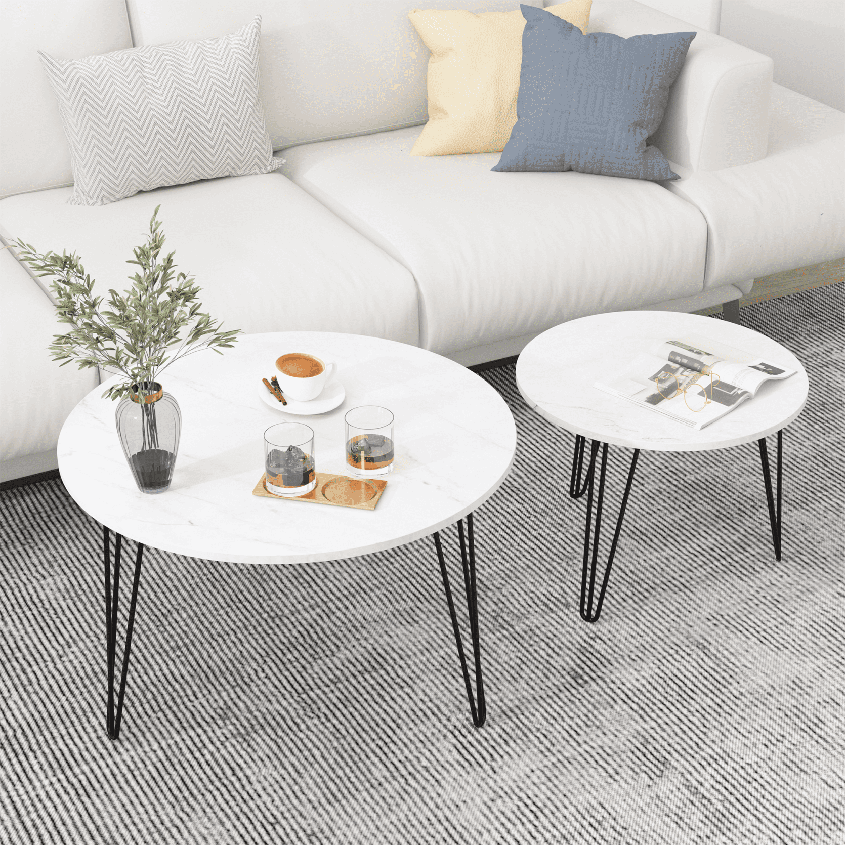 Round Nesting Coffee Table Set of 2 with Circular Marble Top and Sturdy ...