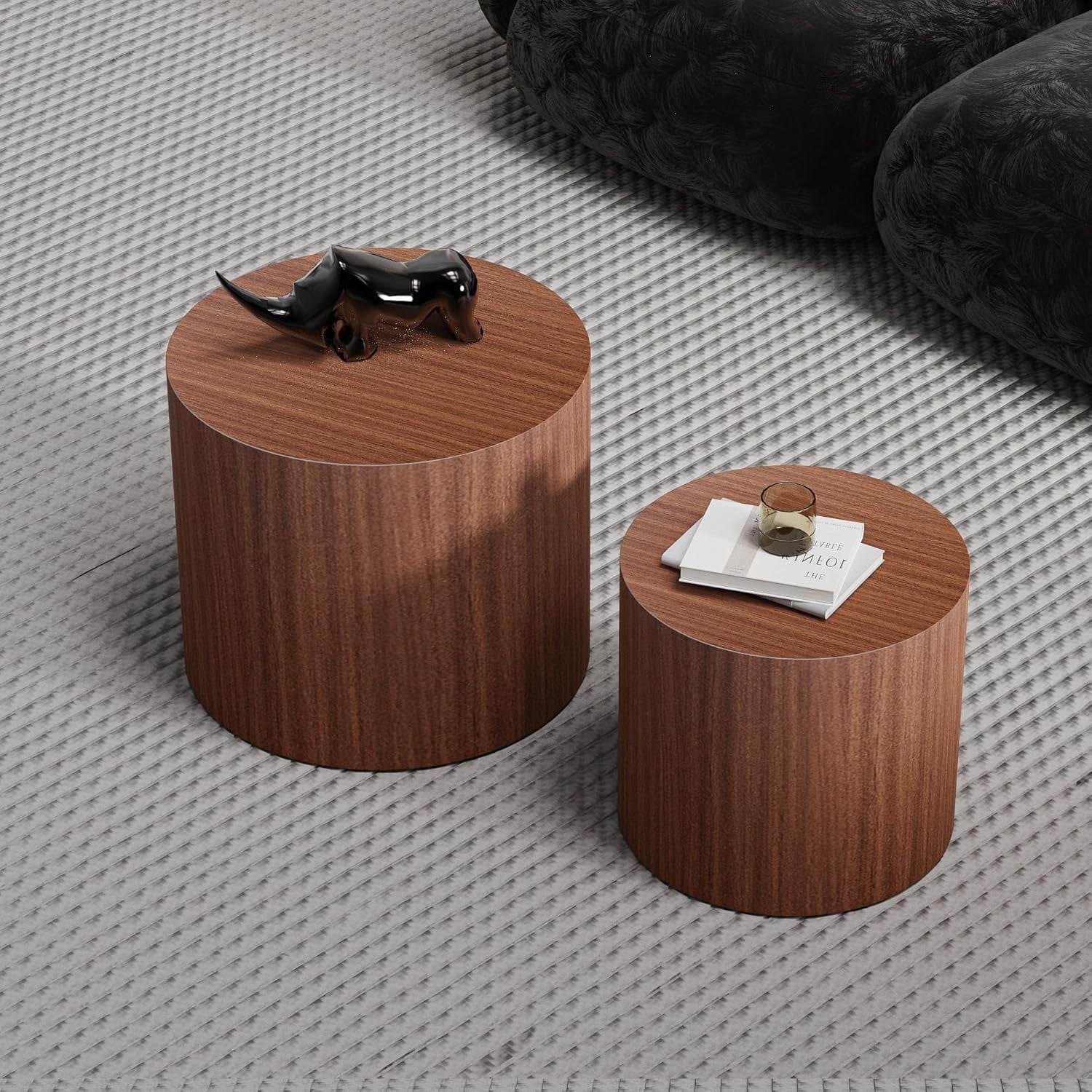 Round Nesting Coffee Table Wood Drum Nesting Tables Modern Stacking Coffee Table Set of 2 Fluted ...