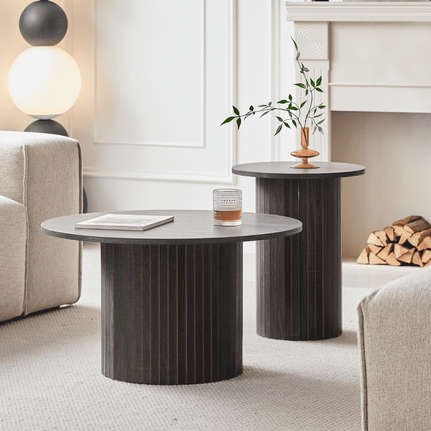 Round Nesting Coffee Tables Set of 2, Boho Wood Circle Side Table with ...