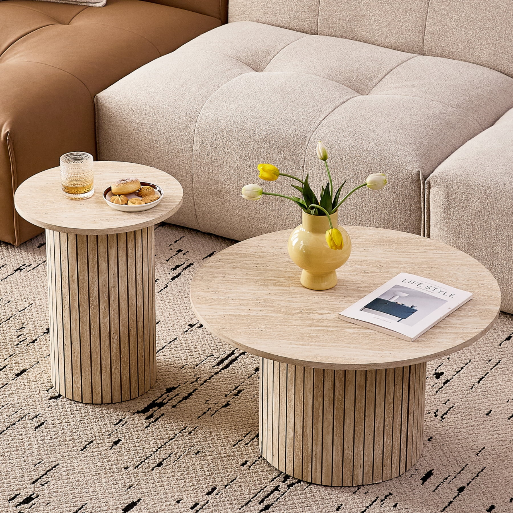Round Nesting Coffee Tables Set of 2, Boho Wood Circle Side Table ...