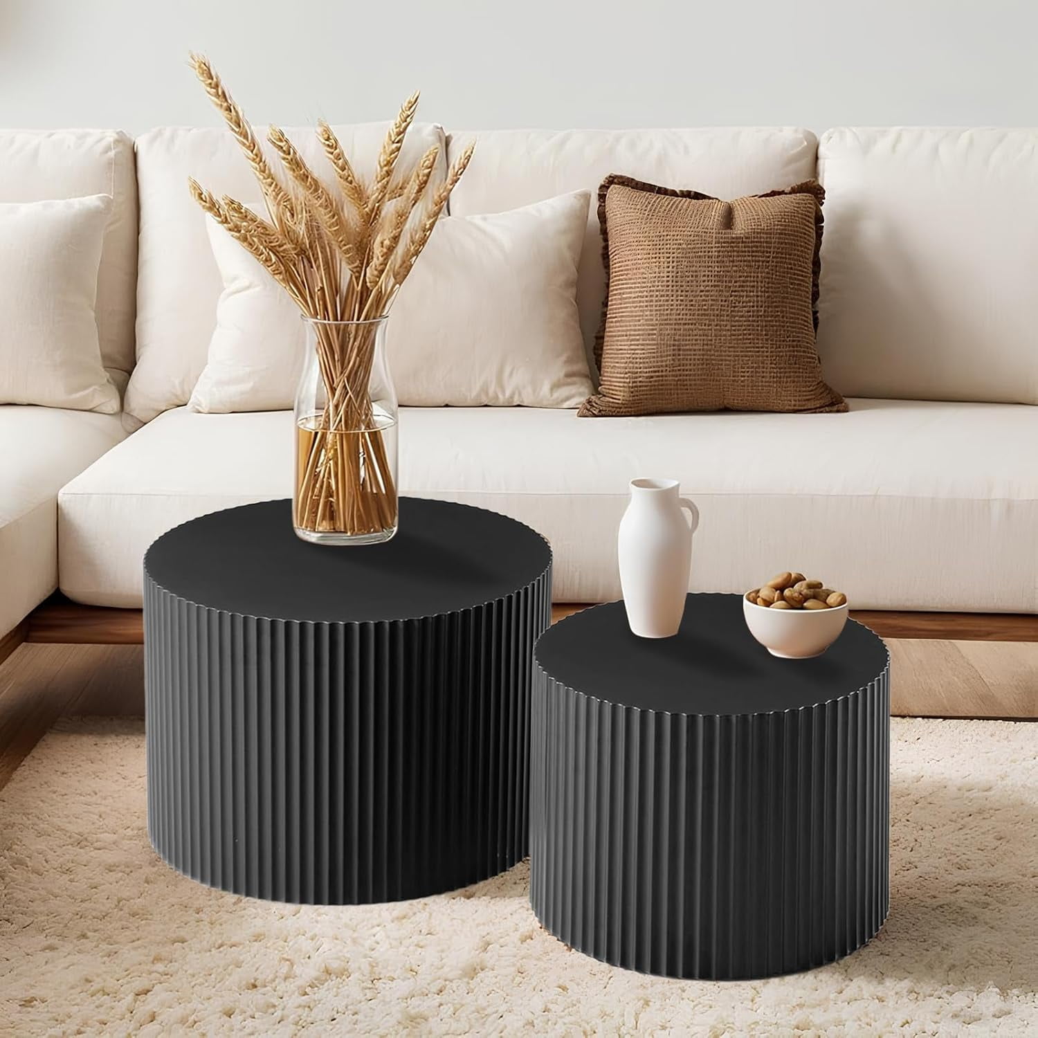 Round Nesting Coffee Tables Set of 2 Modern Drum Coffee Table Handcraft ...