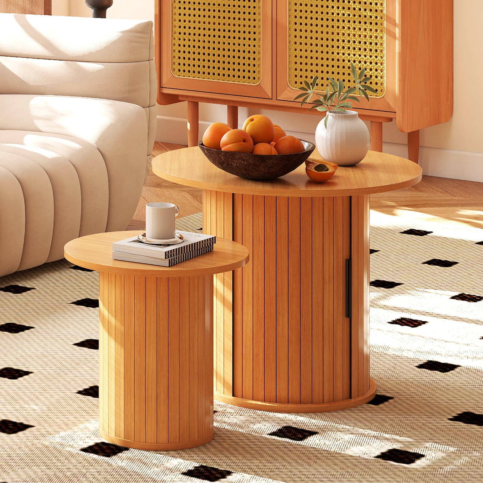 Round Nesting Coffee Tables Set of 2 Boho Wood Circle Side Table ...