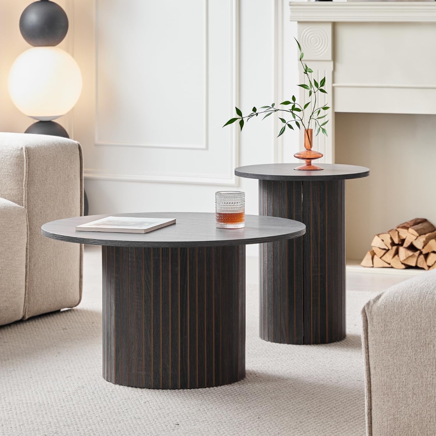 Round Nesting Coffee Tables Set of 2, Boho Wood Circle Side Table ...