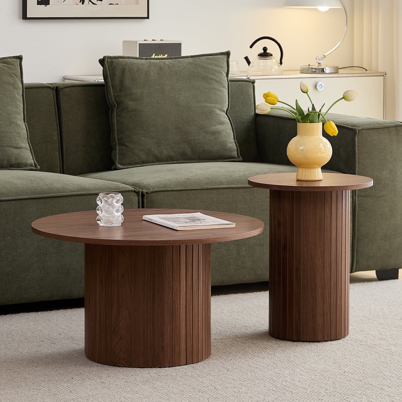 Round Nesting Coffee Tables Set of 2, Tall Boho Circle Side Tables with ...