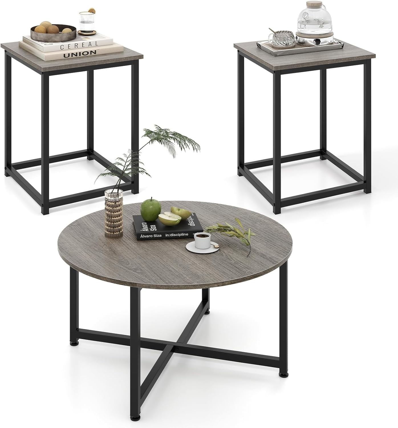 Round Nesting Table Set of 3, Farmhouse Coffee Table w/2 End Tables ...