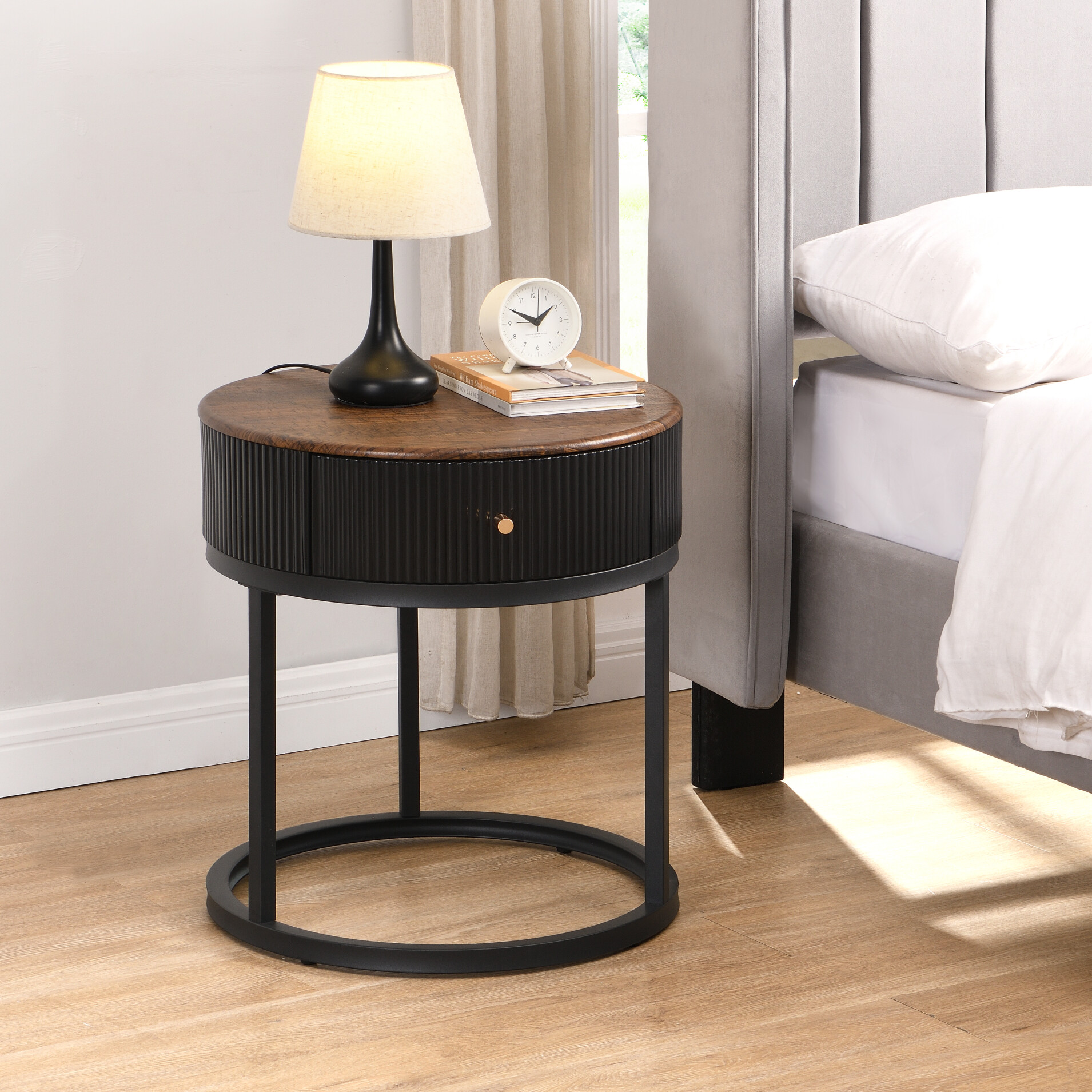 Round Nightstand with Drawer, 19.68-Inch Wood End Table with Storage ...