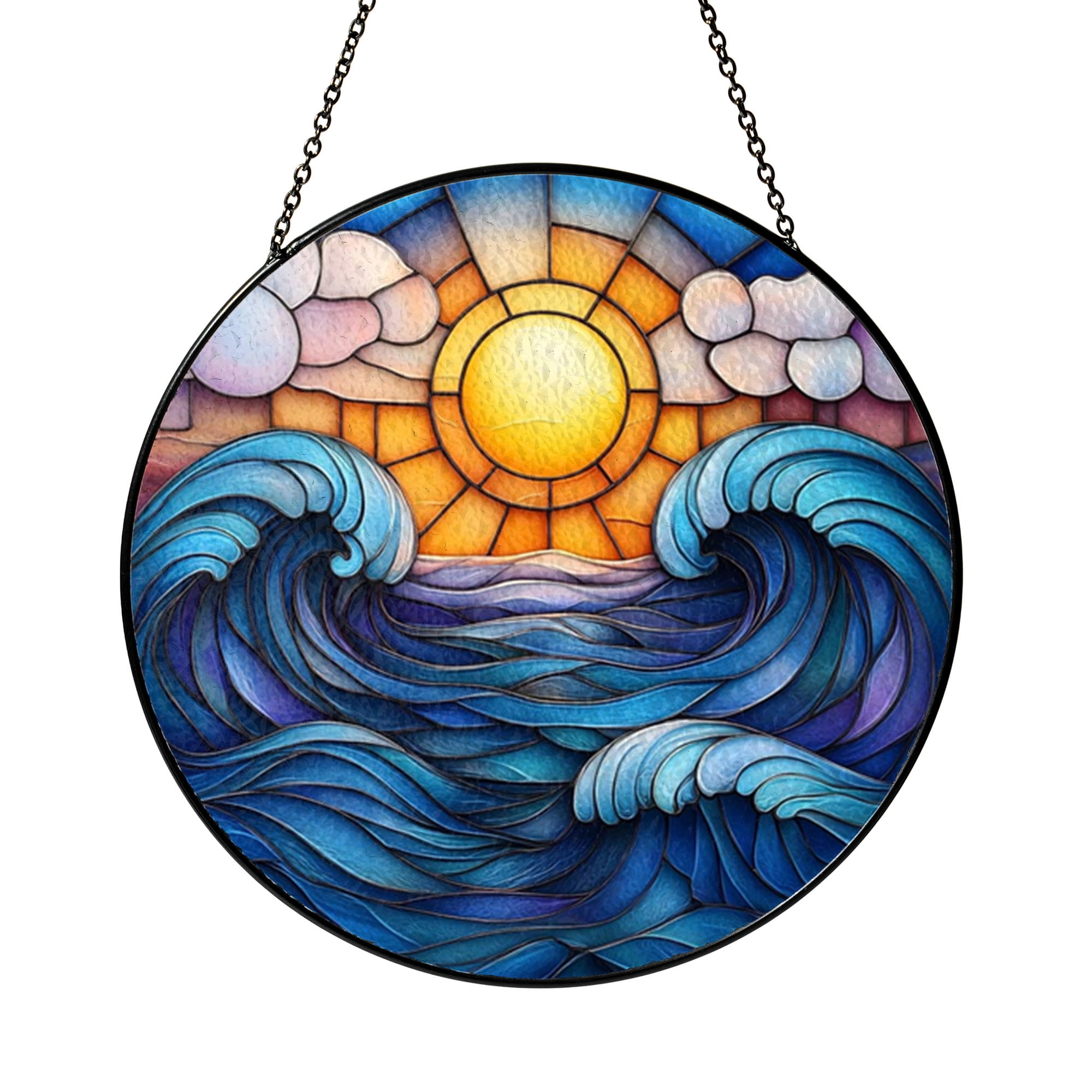 Round Ocean Wave Stained Glass Style Suncatcher – Beach Window ...