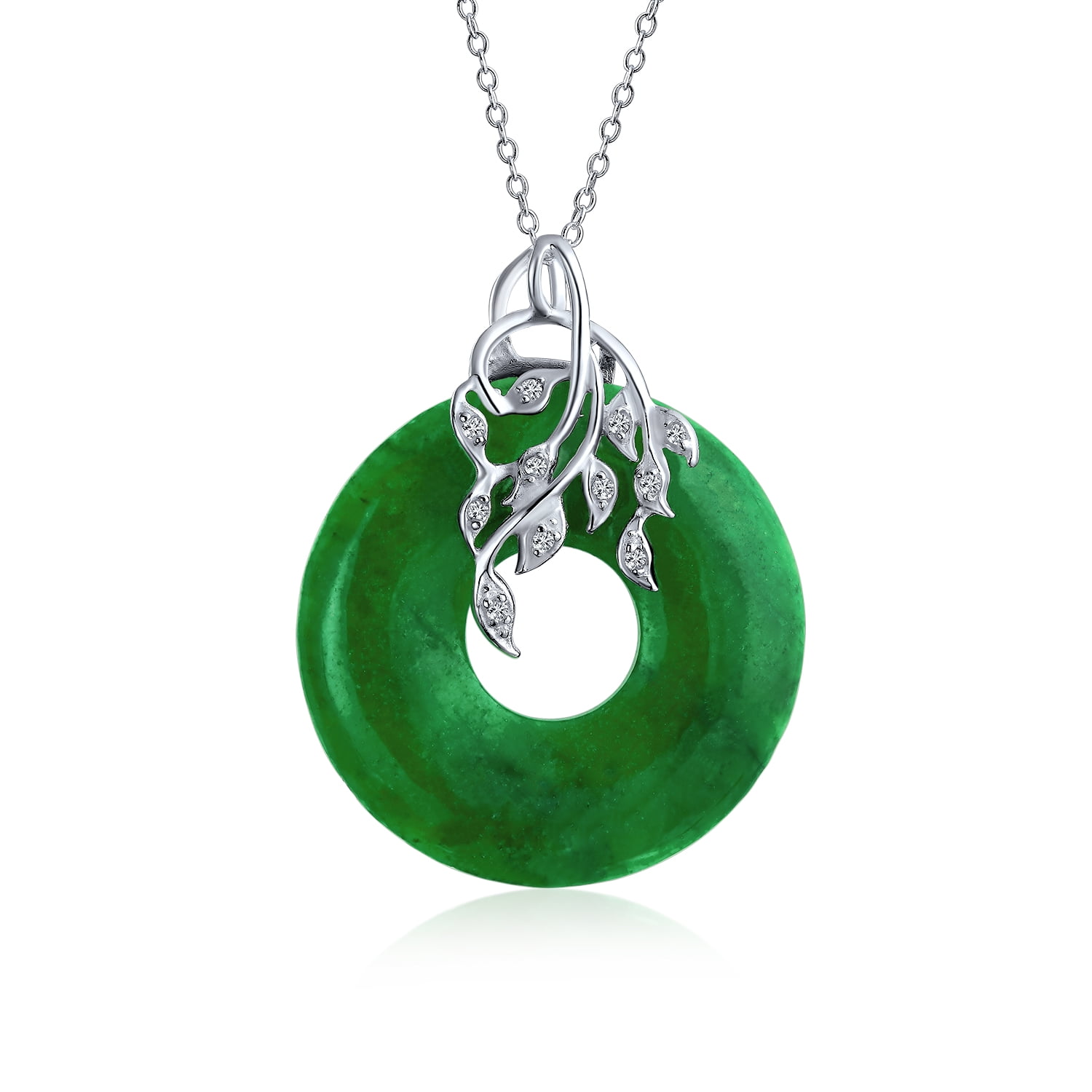 Round Open Circle Disc Dyed Green Jade Leaf Pendant Necklace For Women