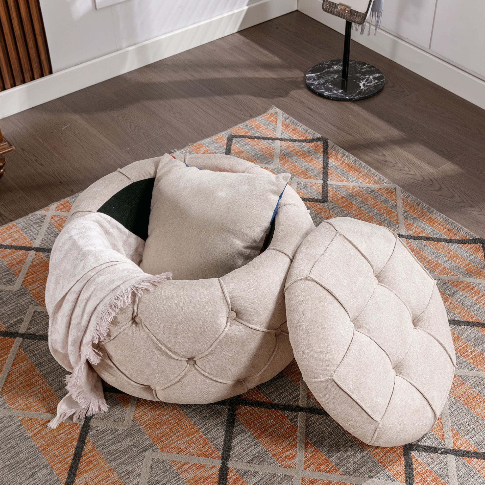 Round Ottoman, Burlap Upholstered Footrest Stool, Modern Round Vanity ...