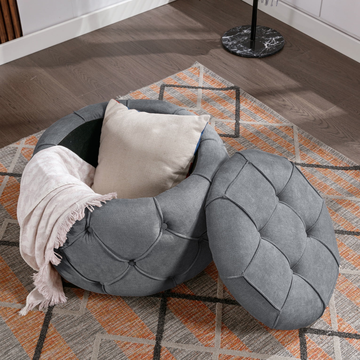 Round Ottoman, Burlap Upholstered Footrest Stool, Modern Round Vanity ...