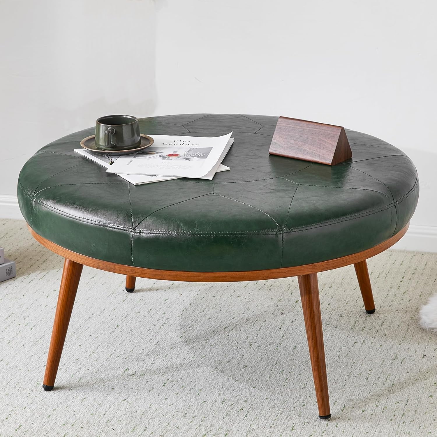 Round Ottoman Coffee Table, Large Faux Leather Cushioned Footstool ...