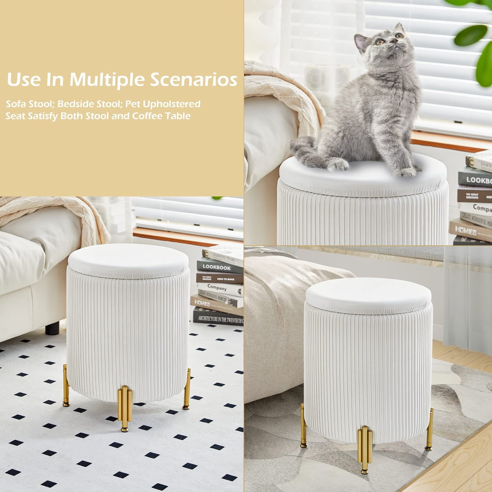 Round Ottoman Foot Stool with 23Qt Storage Velvet Footrest Stool Vanity ...