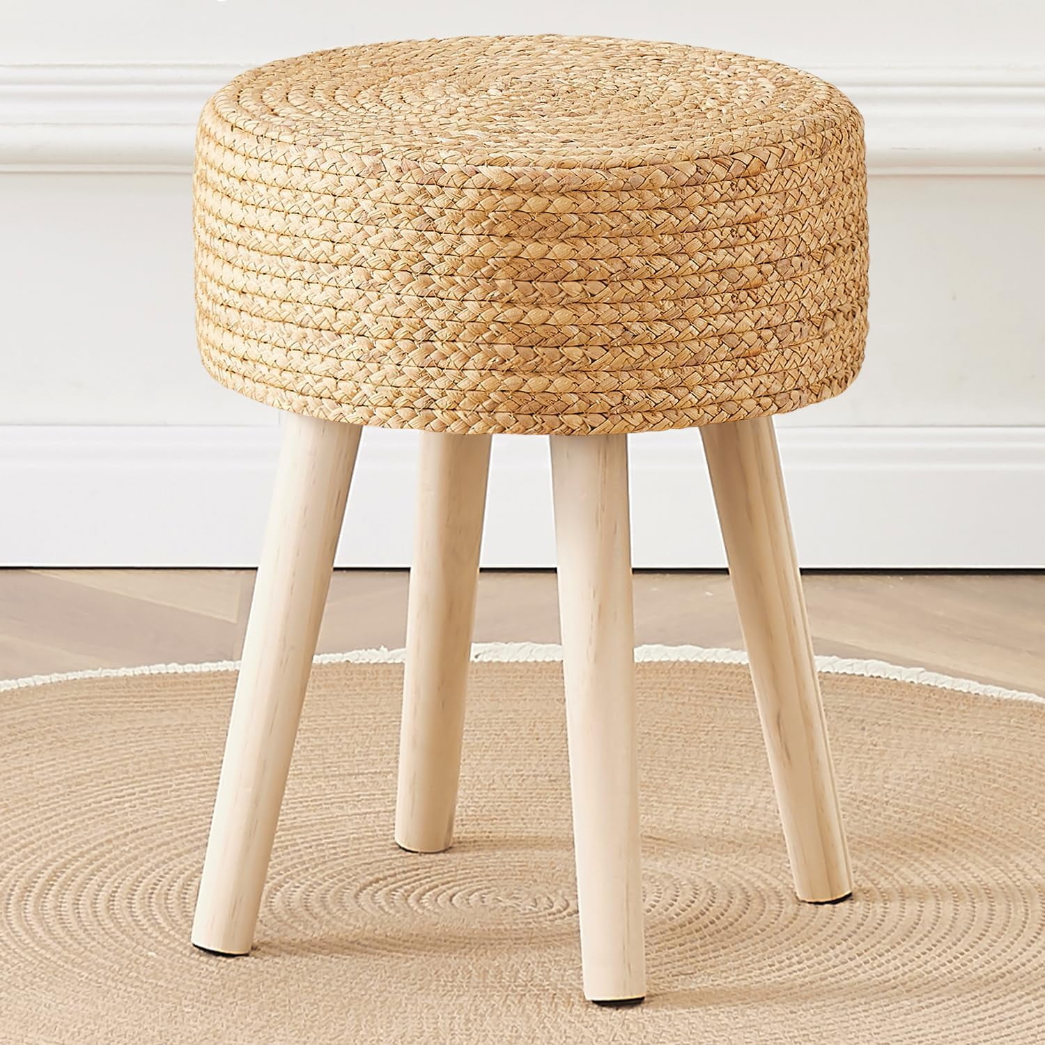 Round Ottoman Footstool Foot Stool Pouf Ottomans with Solid Wood Legs ...