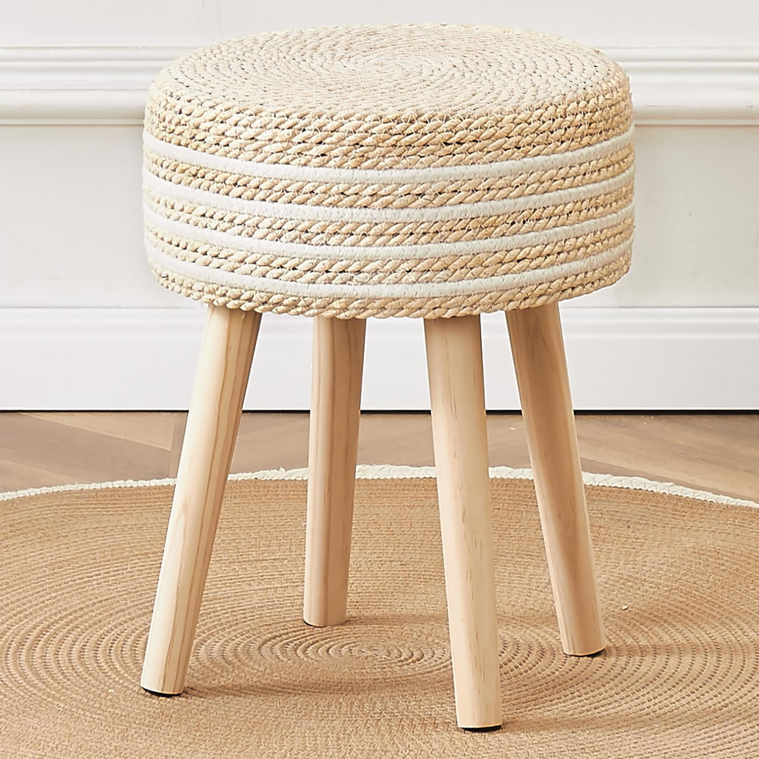 Round Ottoman Footstool Natural Seagrass Foot Stool Pouf Ottomans with ...