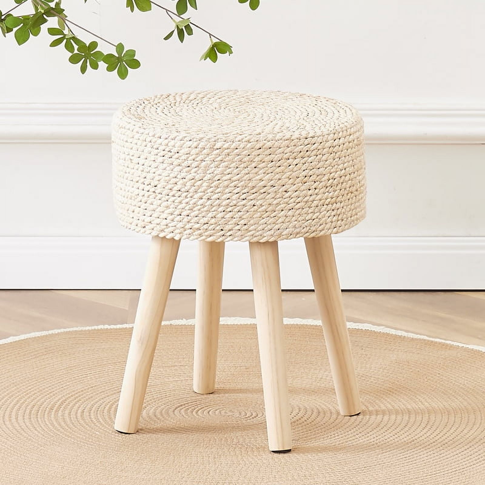 Round Ottoman Footstool Natural Seagrass Foot Stool Pouf Ottomans with ...