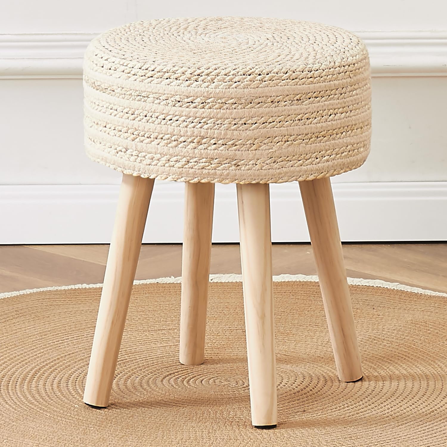 Round Ottoman Footstool Natural Seagrass Foot Stool Pouf Ottomans with ...