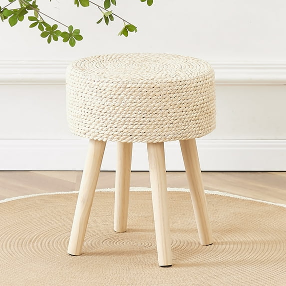 Round Ottoman Footstool Natural Seagrass Foot Stool Pouf Ottomans with ...