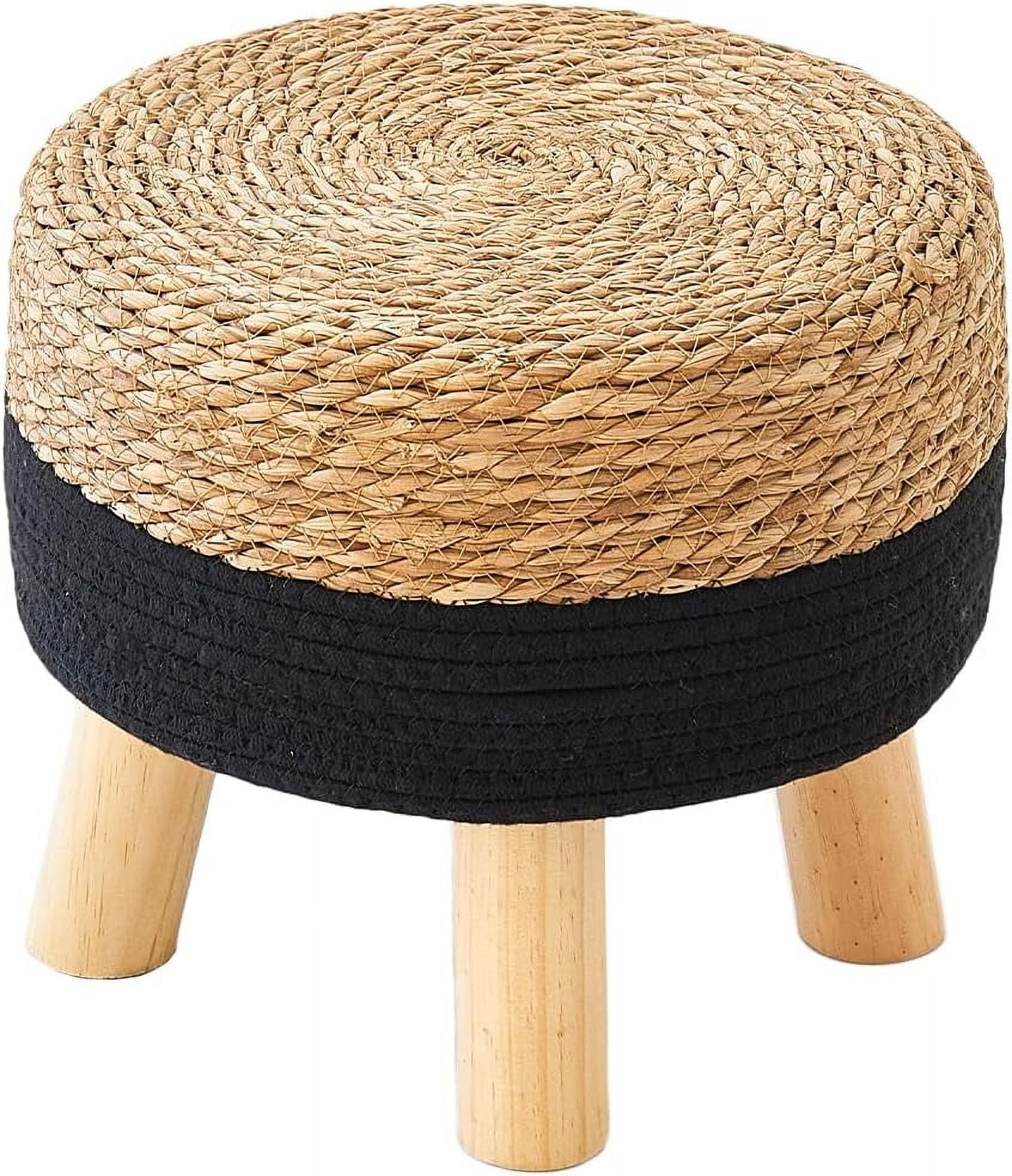 Round Ottoman Natural Seagrass Footstool, Foot Stool with 4 Wood Legs ...