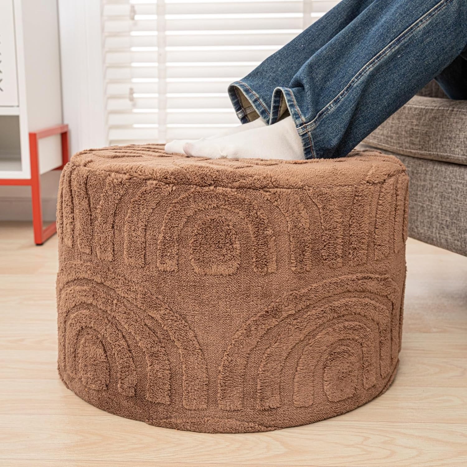Round Ottoman Pouf Ottoman Foot Stool Seat Faux Fur Bean Bag Foot Rest ...