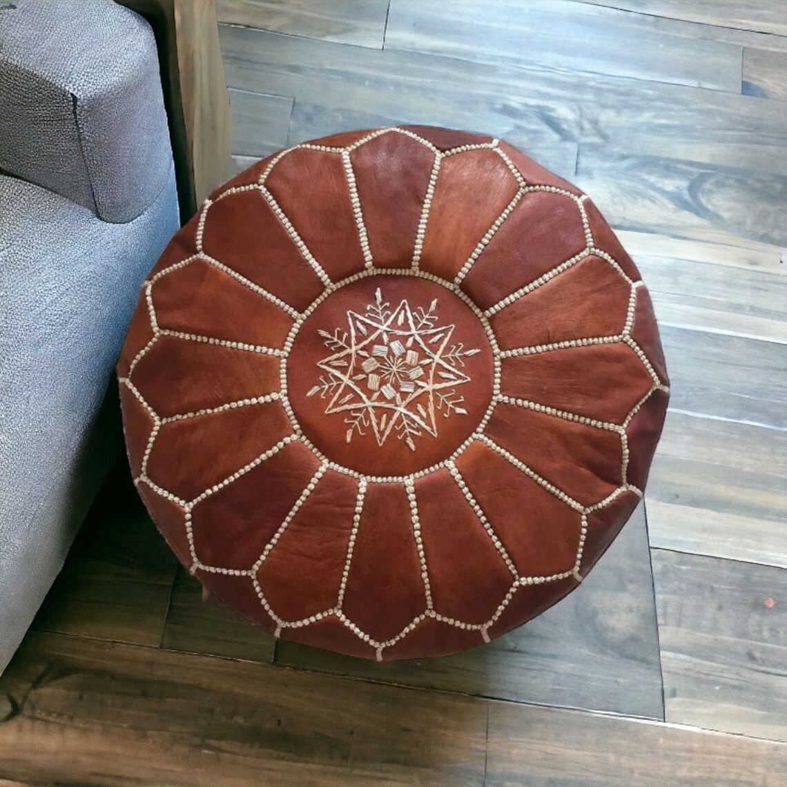 Ikram Design Stuffed White Moroccan Leather Pouf Ottoman, 20" Diameter ...