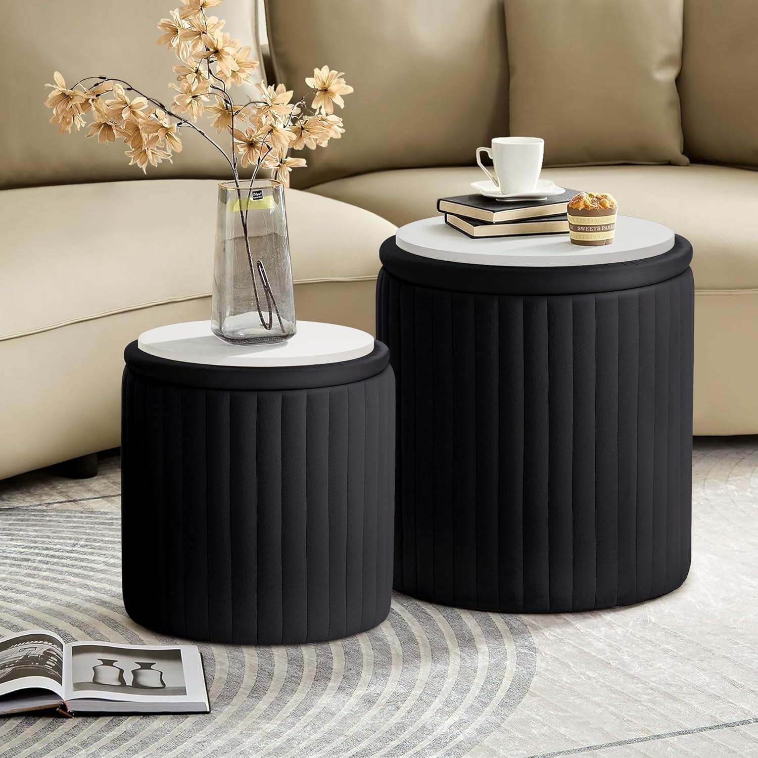 Round Ottoman,Set of 2 Vanity Stool Chair,Boucle Upholstered Tall ...
