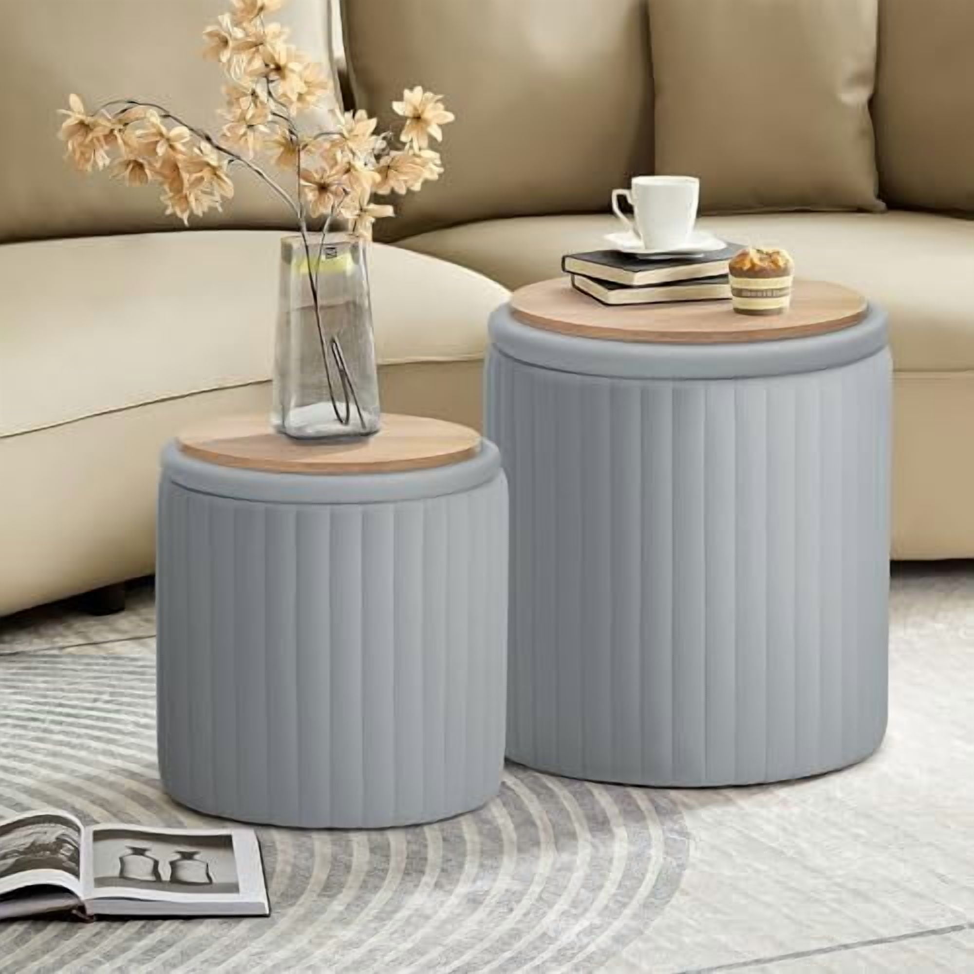 Round Ottoman,Set of 2 Vanity Stool Chair,Boucle Upholstered Tall ...