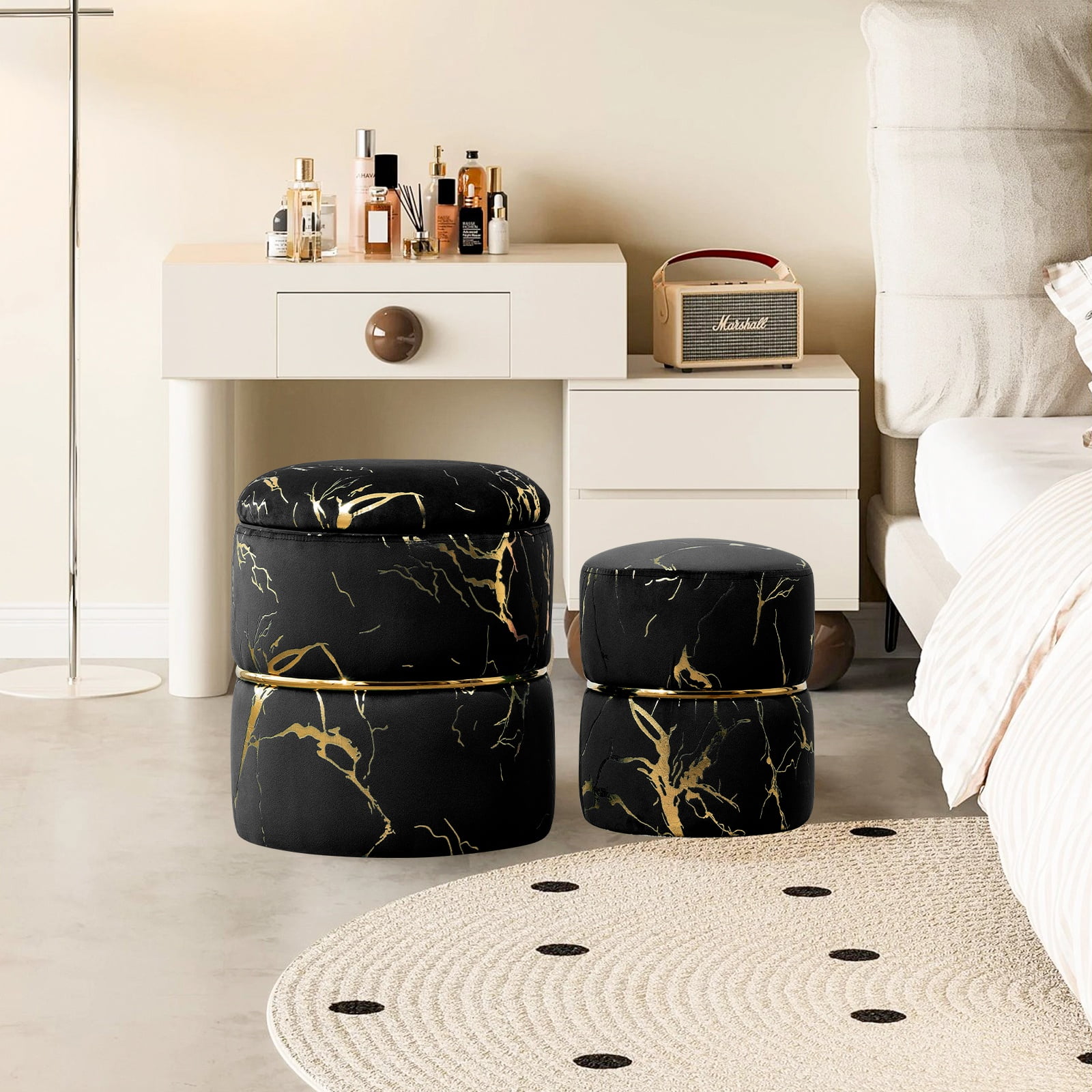 Round Ottoman Set of 2 with Storage, Upholstered Sherpa Vanity Stools ...