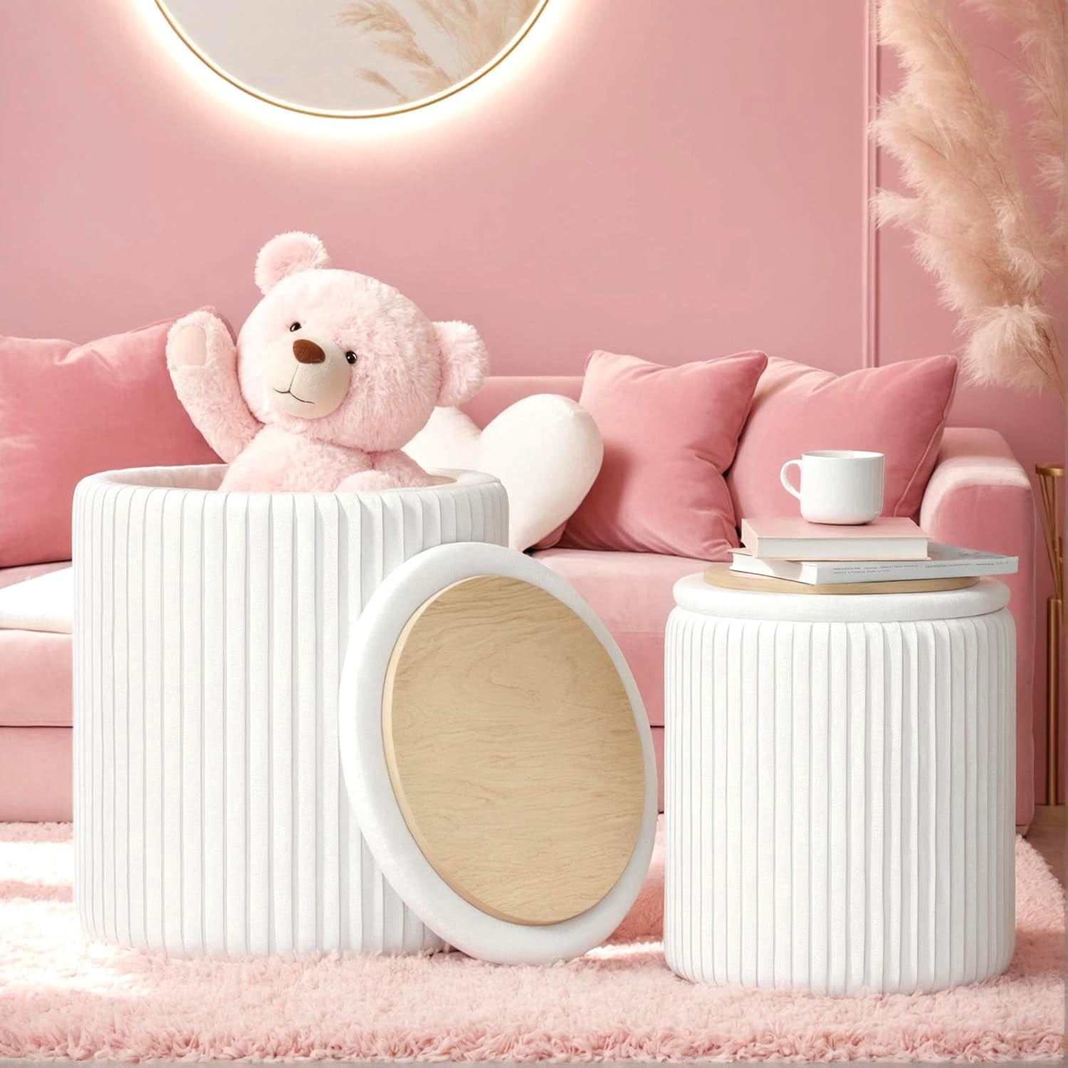 Round Ottoman Set of 2 with Storage, Velvet Vanity Stool for Makeup ...