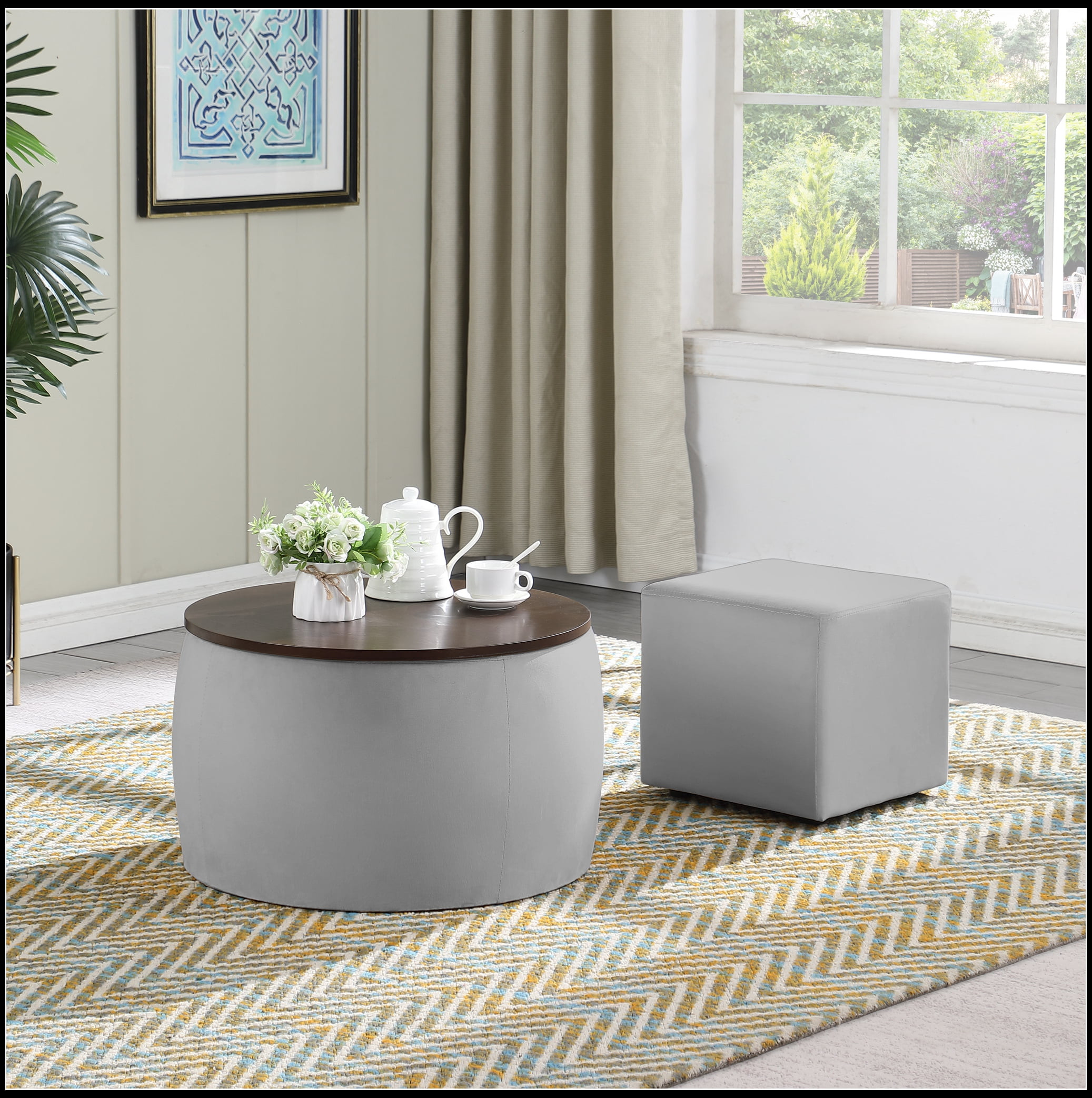 Round Ottoman Set with Storage, 2 in 1 combination, Round Coffee Table ...