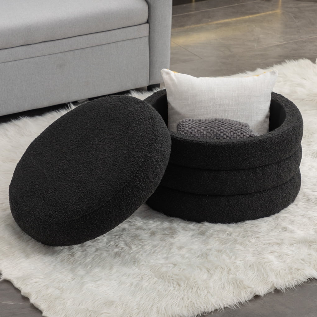 Round Ottoman Storage Box Boucle Fabric Pouffe Footstool with Wooden ...