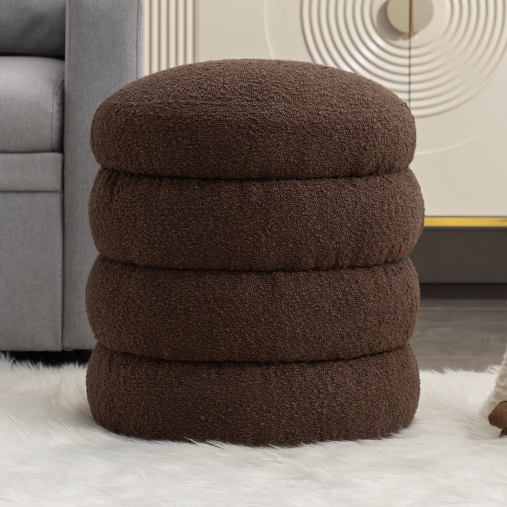 Round Ottoman Storage Box, Boucle Pouffe Footstool 18.5'' Padded Stool ...
