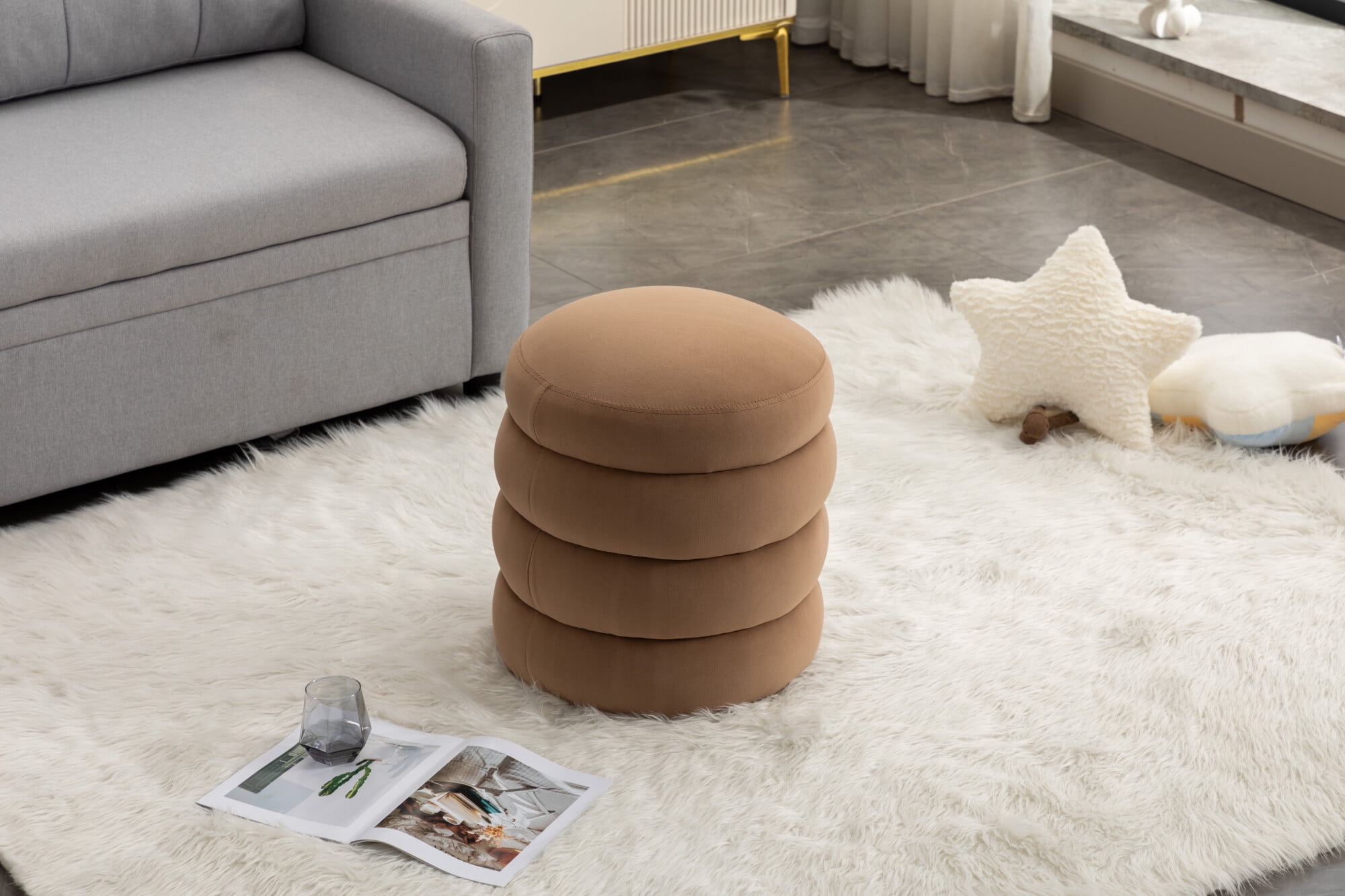 Round Ottoman Storage Box, Velvet Pouffe Footstool 18.5'' Padded Stool ...