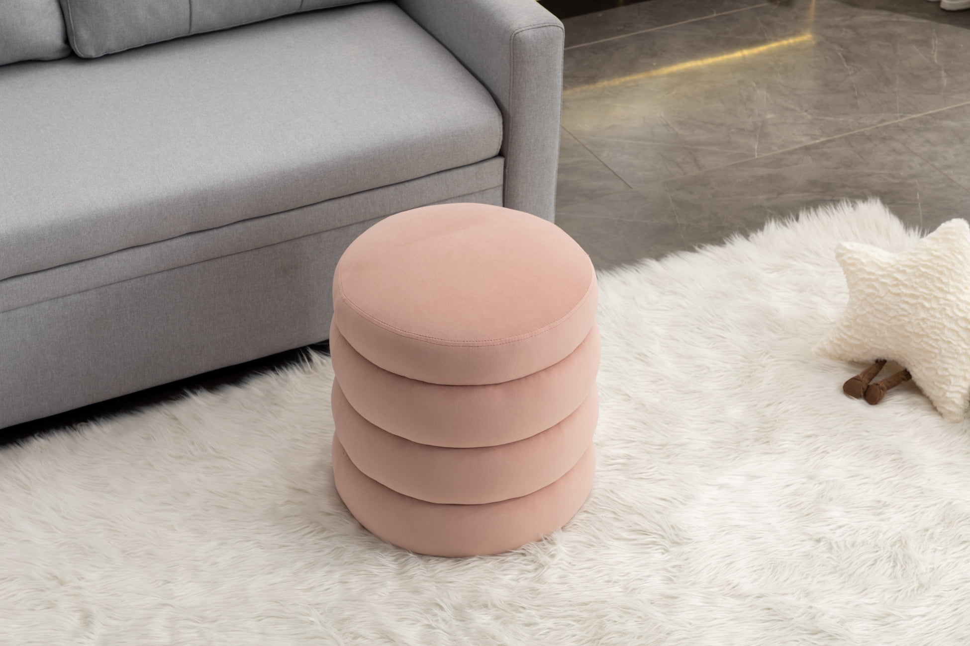 Round Ottoman Storage Box, Velvet Pouffe Footstool 18.5'' Padded Stool ...