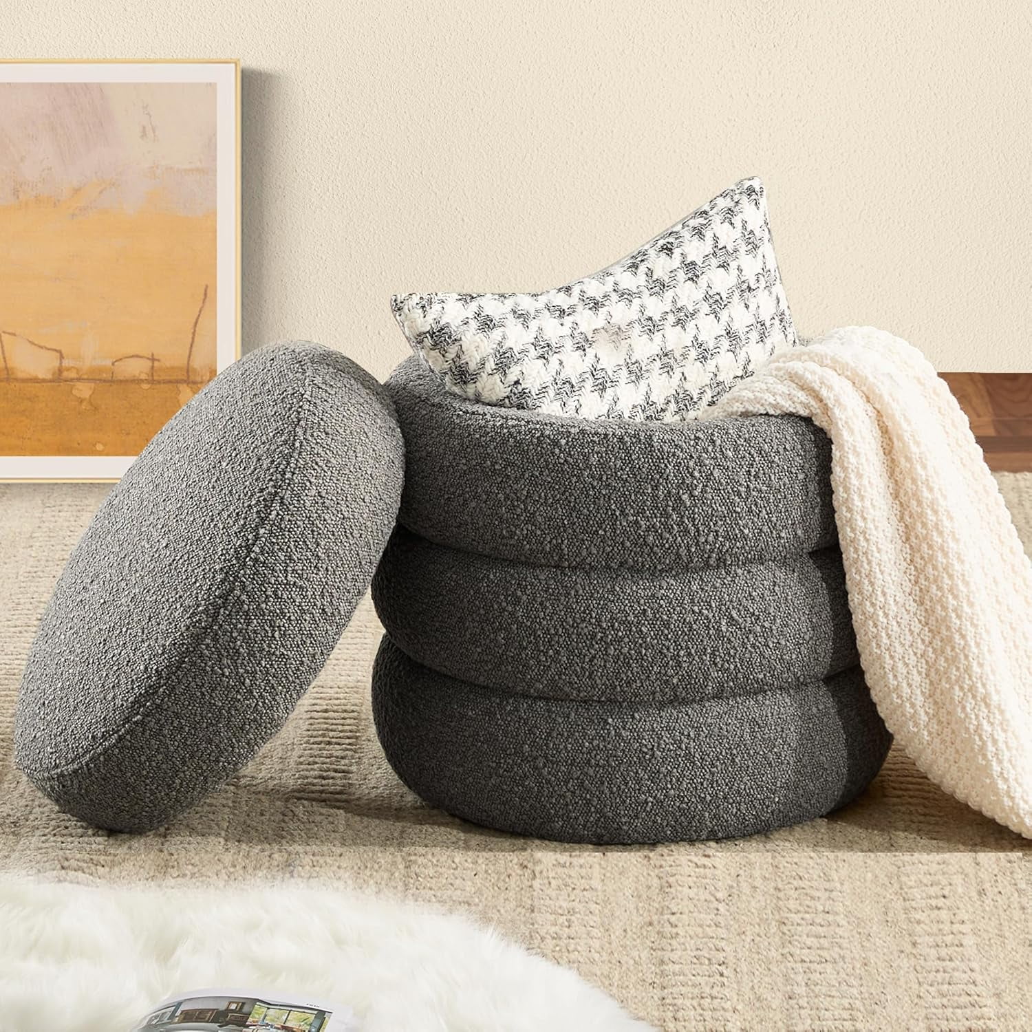Round Ottoman with Storage for Living Room Small Boucle Foot Stool ...