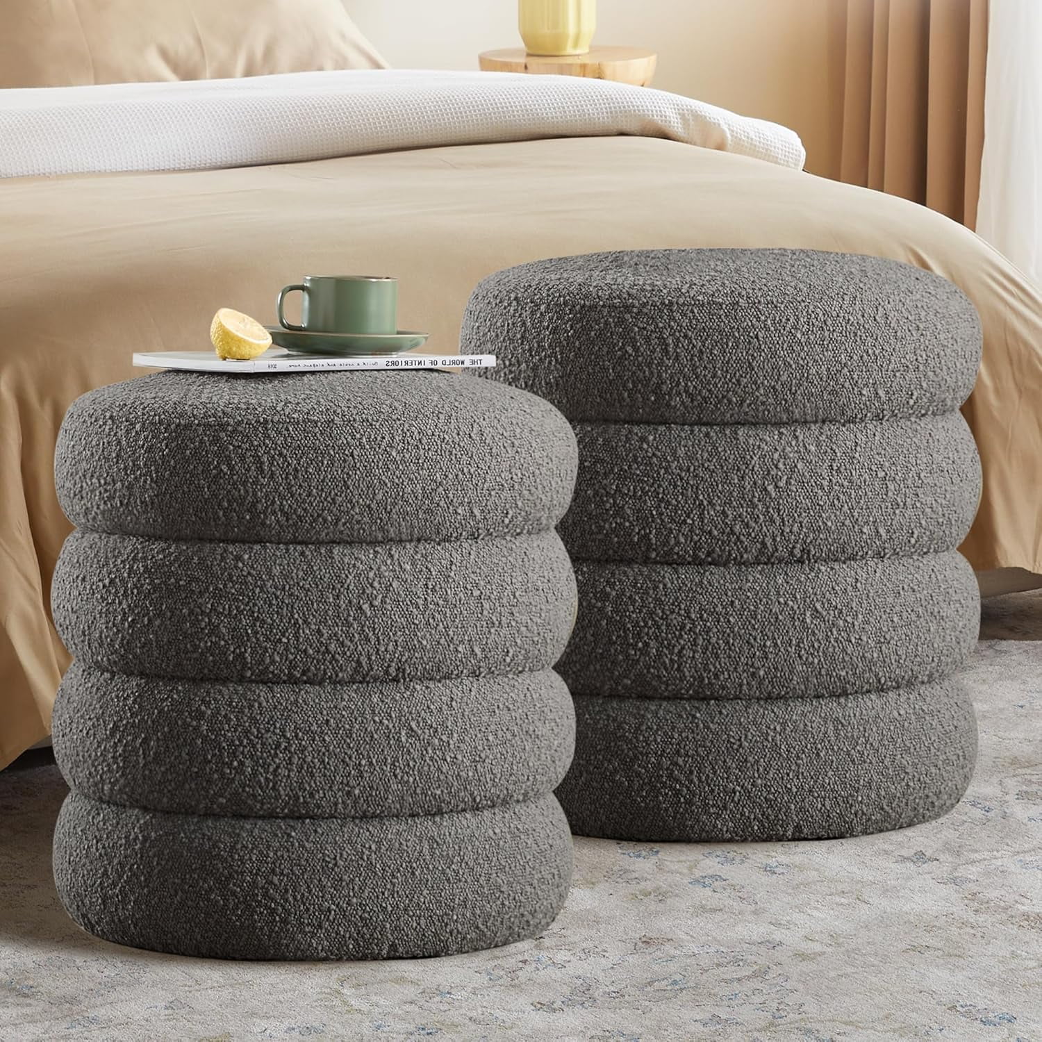 Round Ottoman with Storage for Living Room Small Boucle Foot Stool ...