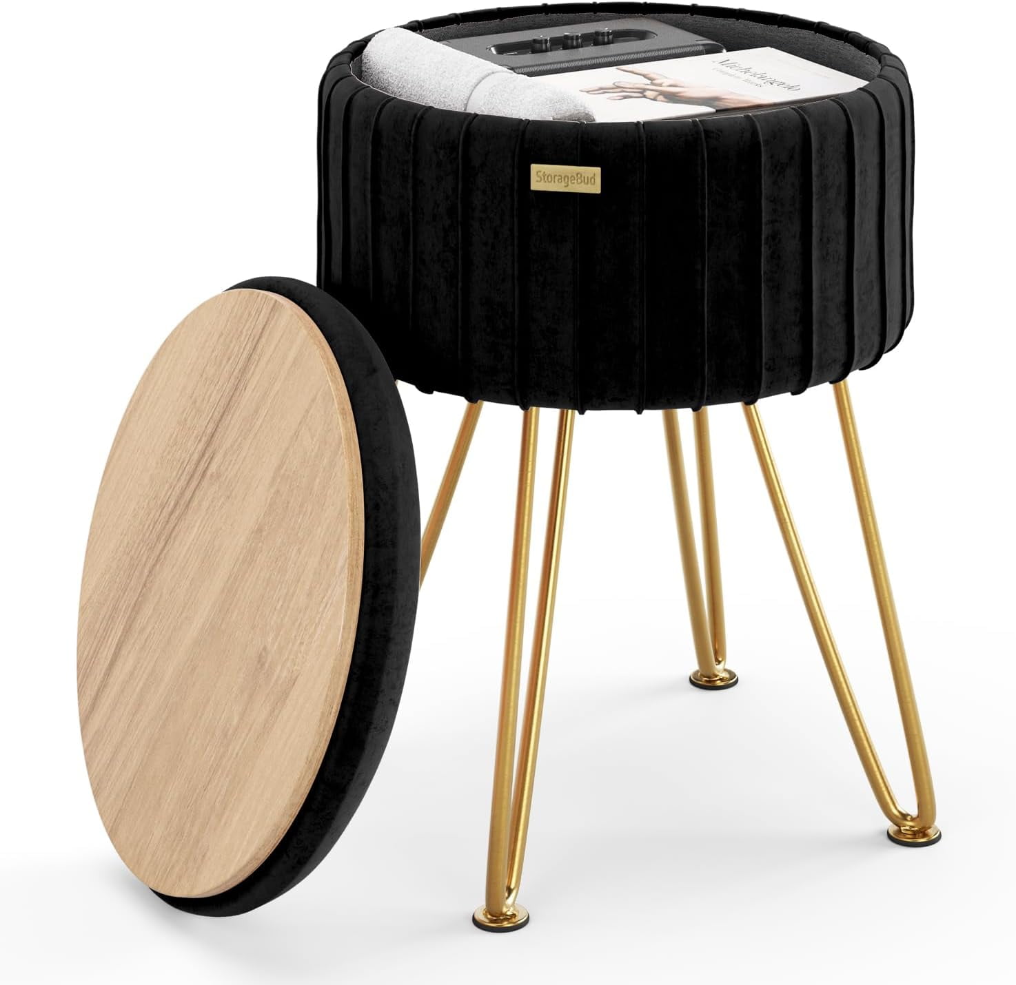 Round Ottoman with Storage, Pleated Velvet Storage Ottoman, Foot Stool ...