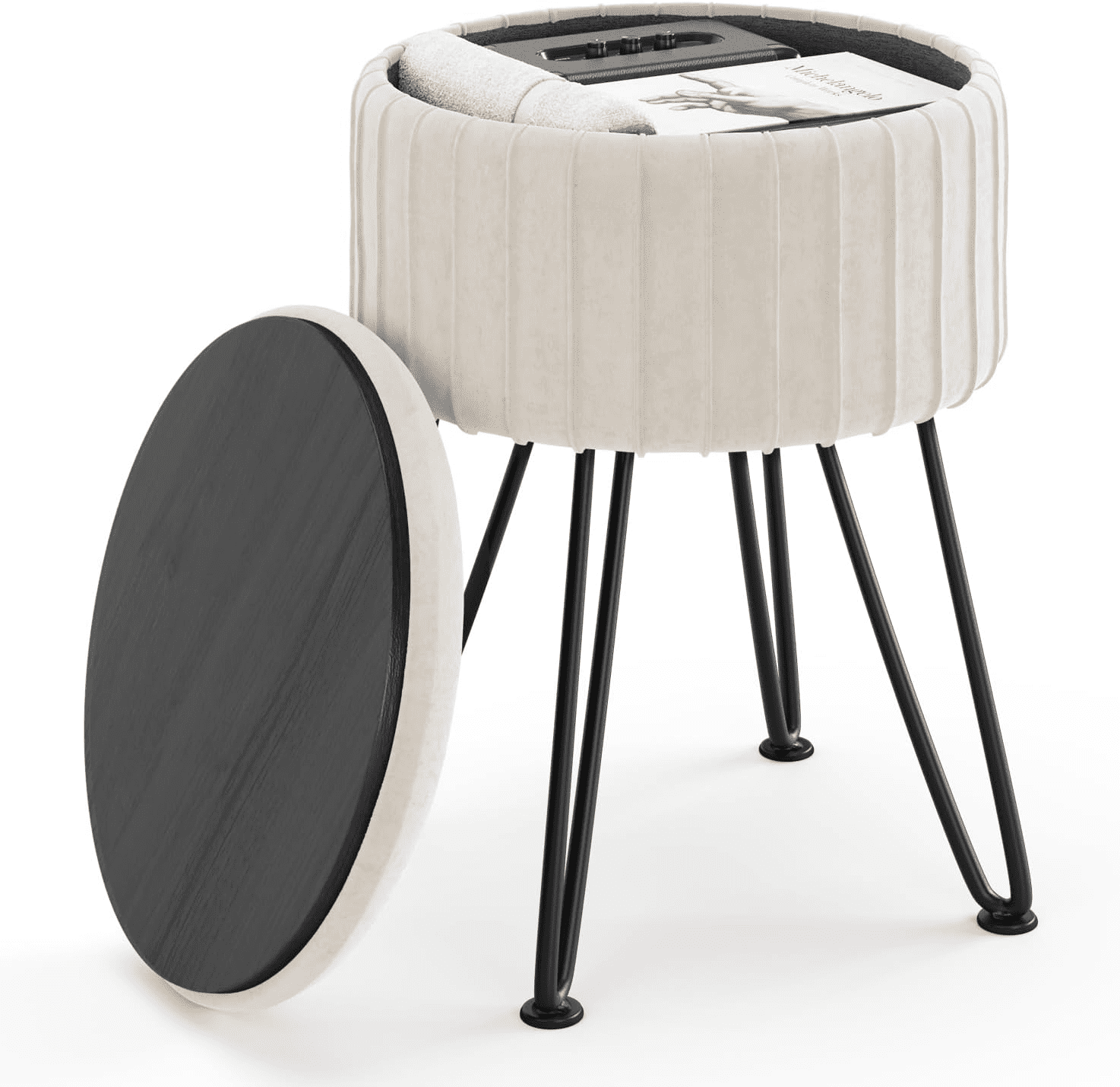 Round Ottoman with Storage, Pleated Velvet Storage Ottoman, Foot Stool ...