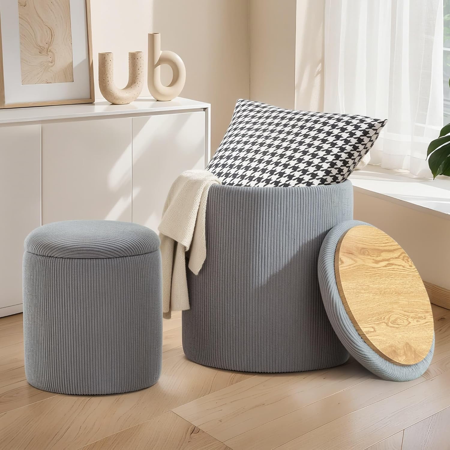 Round Ottoman with Storage Set of 2, Small Vanity Stool with Storage as ...