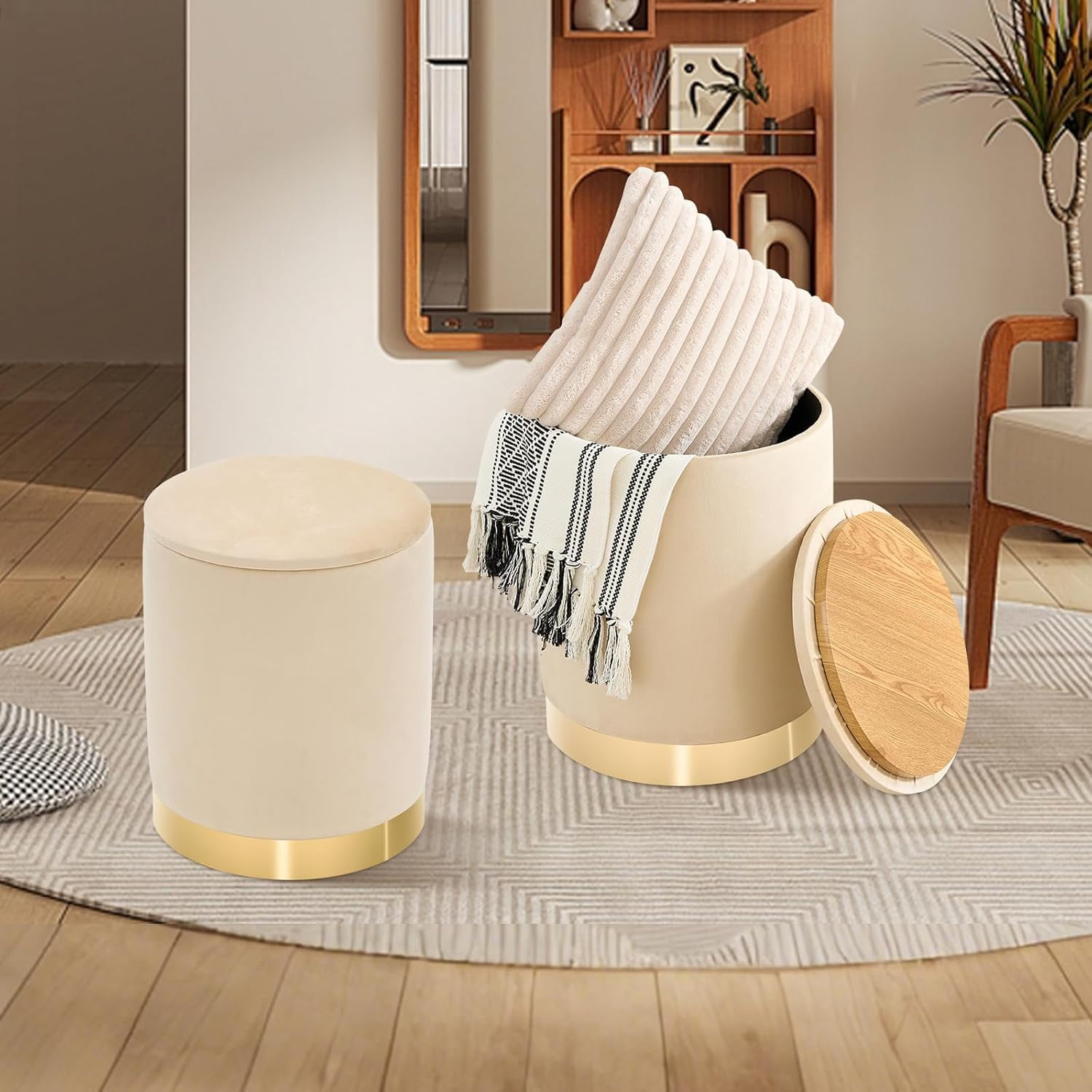 Round Ottoman with Storage Set of 2, Upholstered Velvet Storage ...