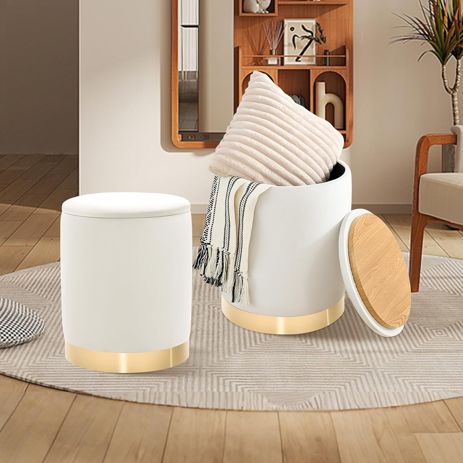 Round Ottoman with Storage Set of 2, Upholstered Velvet Storage ...
