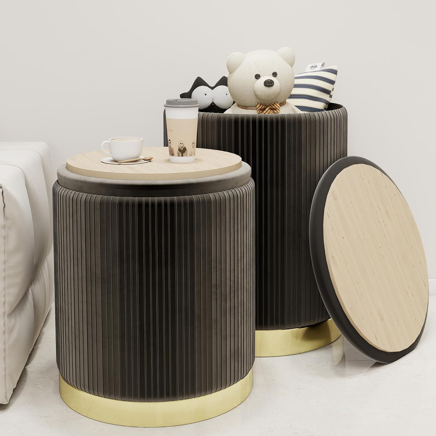 Round Ottoman with Storage Set of 2, Velvet Nesting Ottoman for Living ...